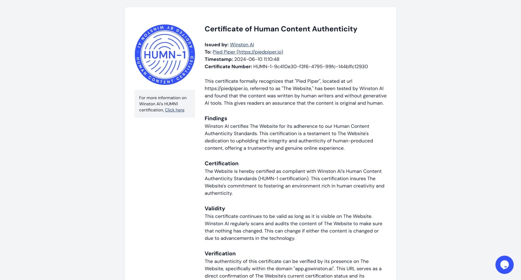 Human Content Certification | HUMN-1